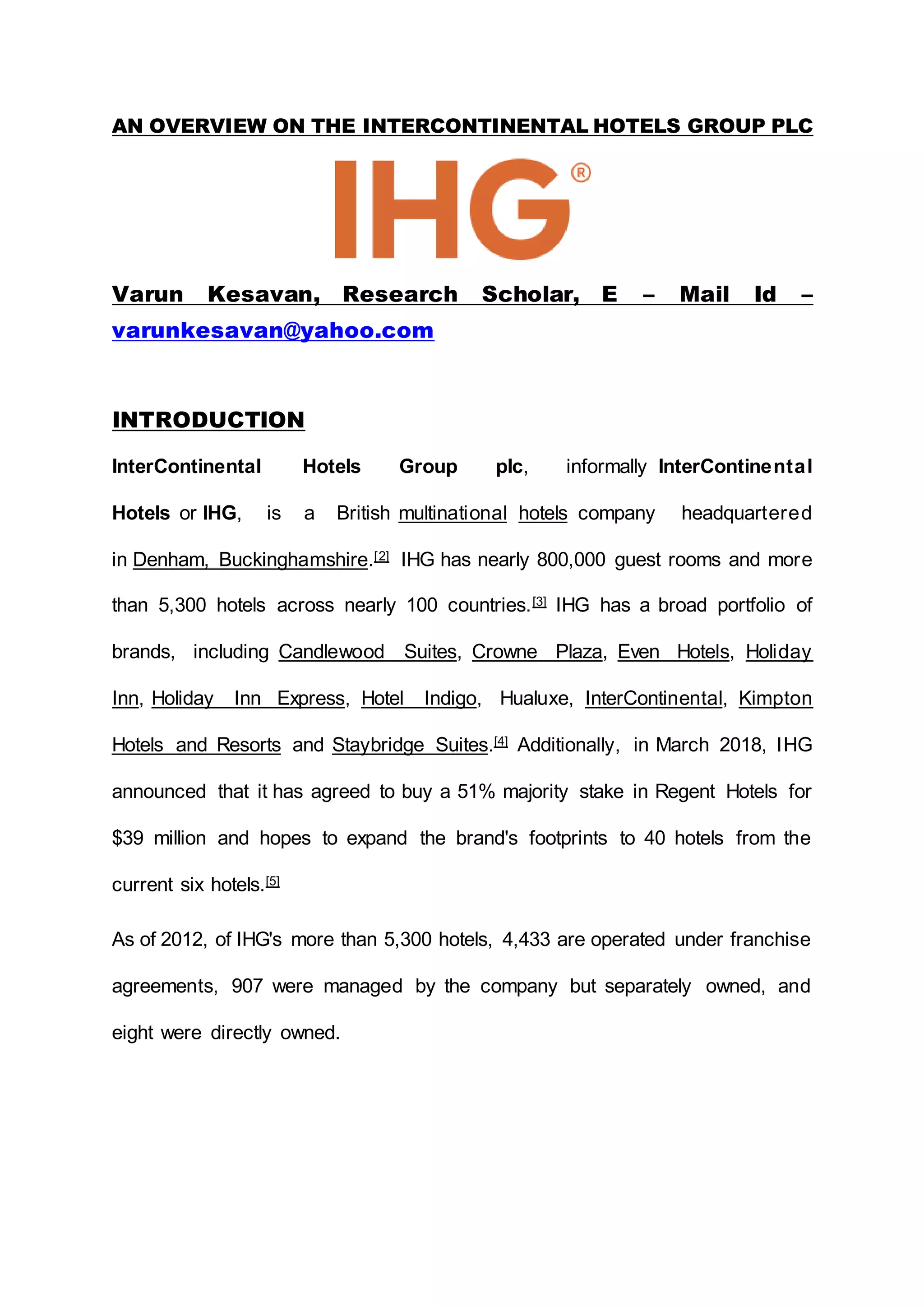 AN OVERVIEW ON THE INTERCONTINENTAL HOTELS GROUP PLC | PDF