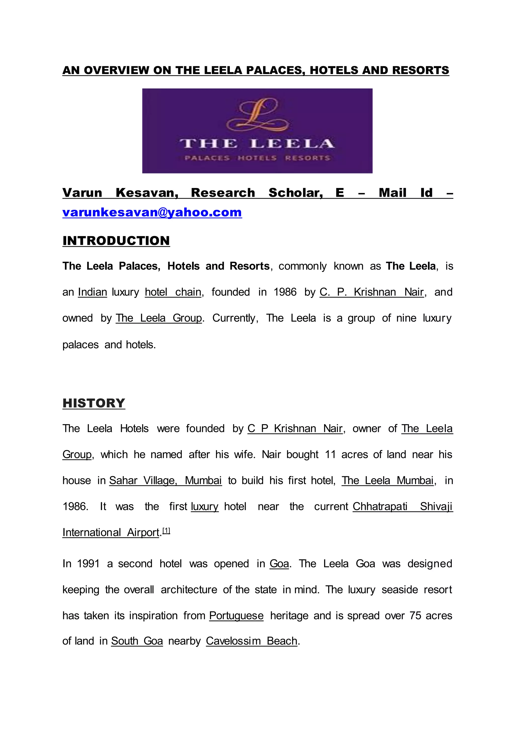 AN OVERVIEW ON THE LEELA PALACES, HOTELS AND RESORTS | DOCX
