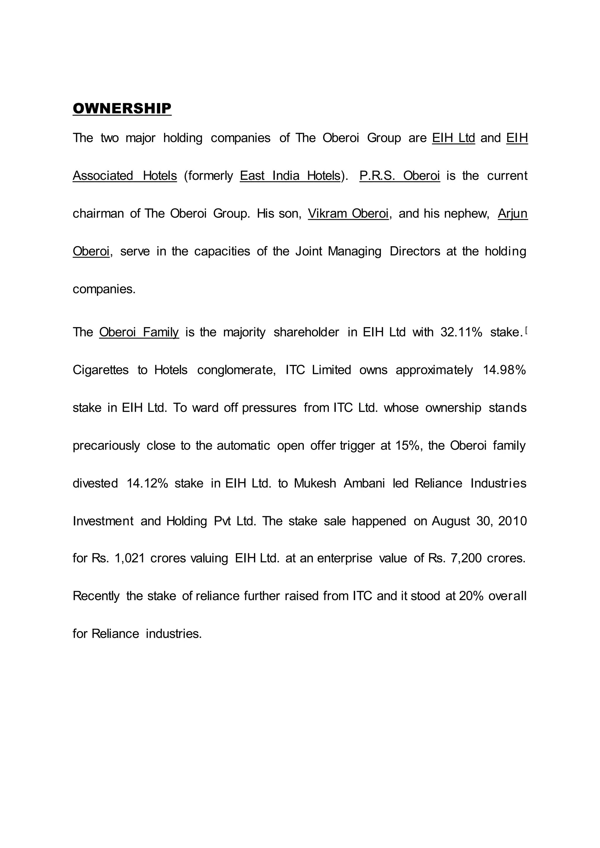 AN OVERVIEW ON THE OBEROI GROUP | PDF