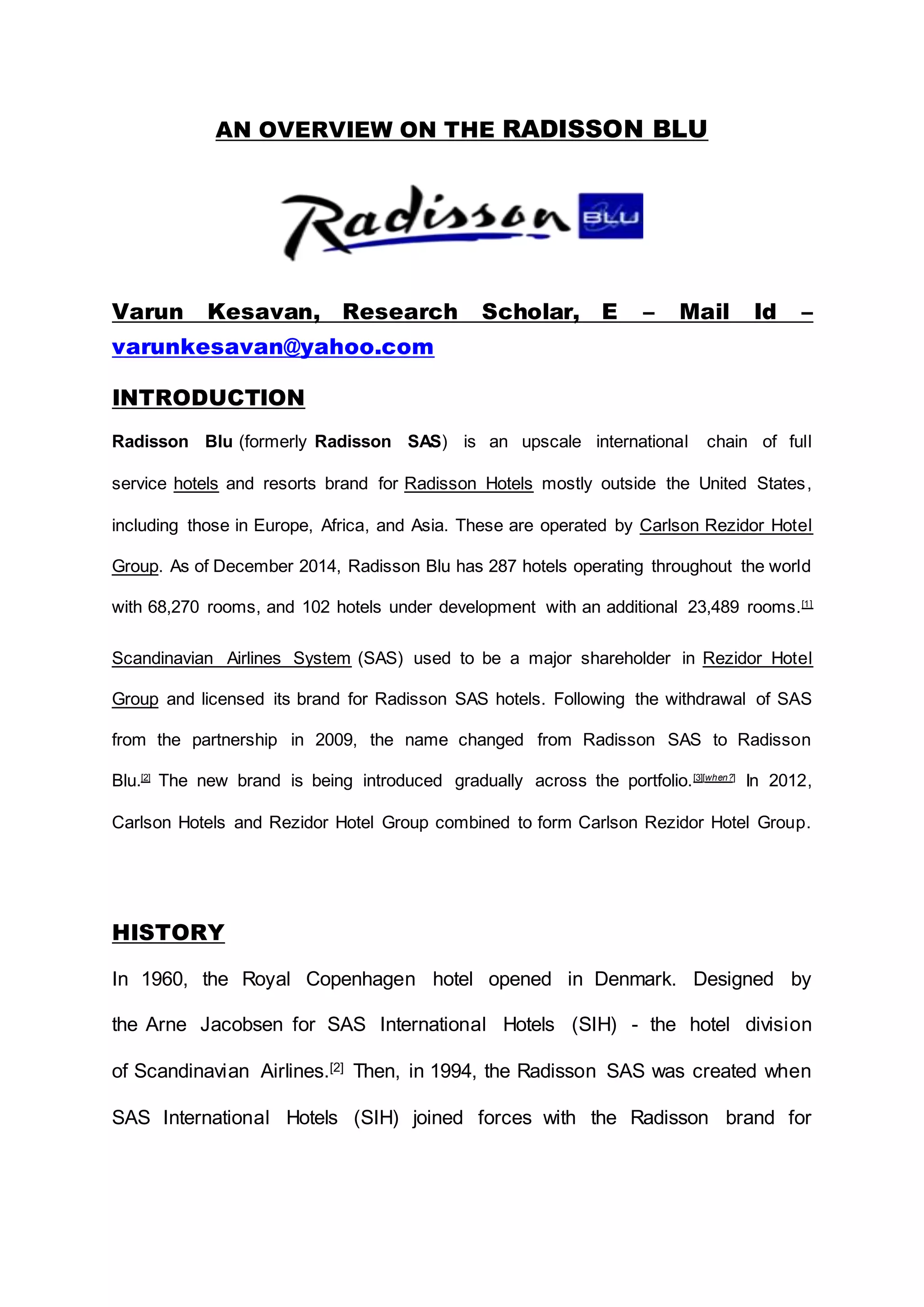 AN OVERVIEW ON THE RADISSON BLU | DOCX