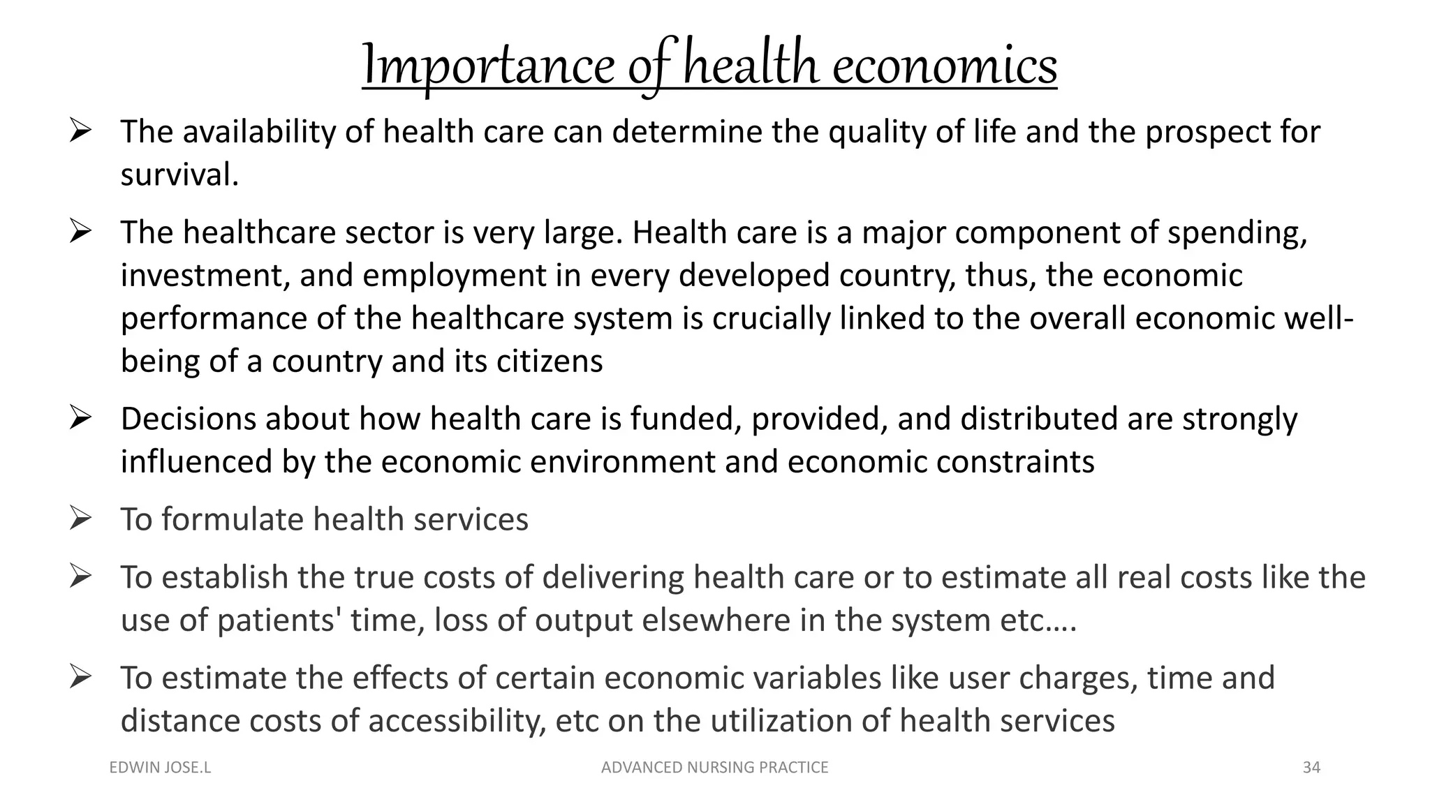 Health care environment, Health Economics, Health constraints, Planning ...