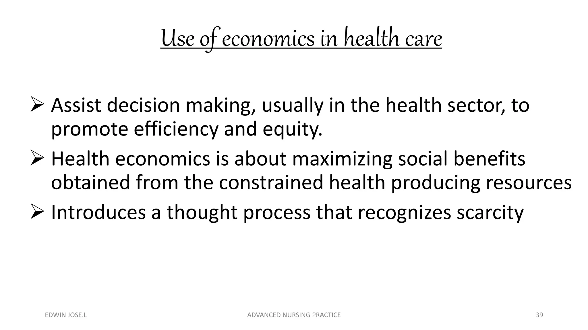 Health care environment, Health Economics, Health constraints, Planning ...