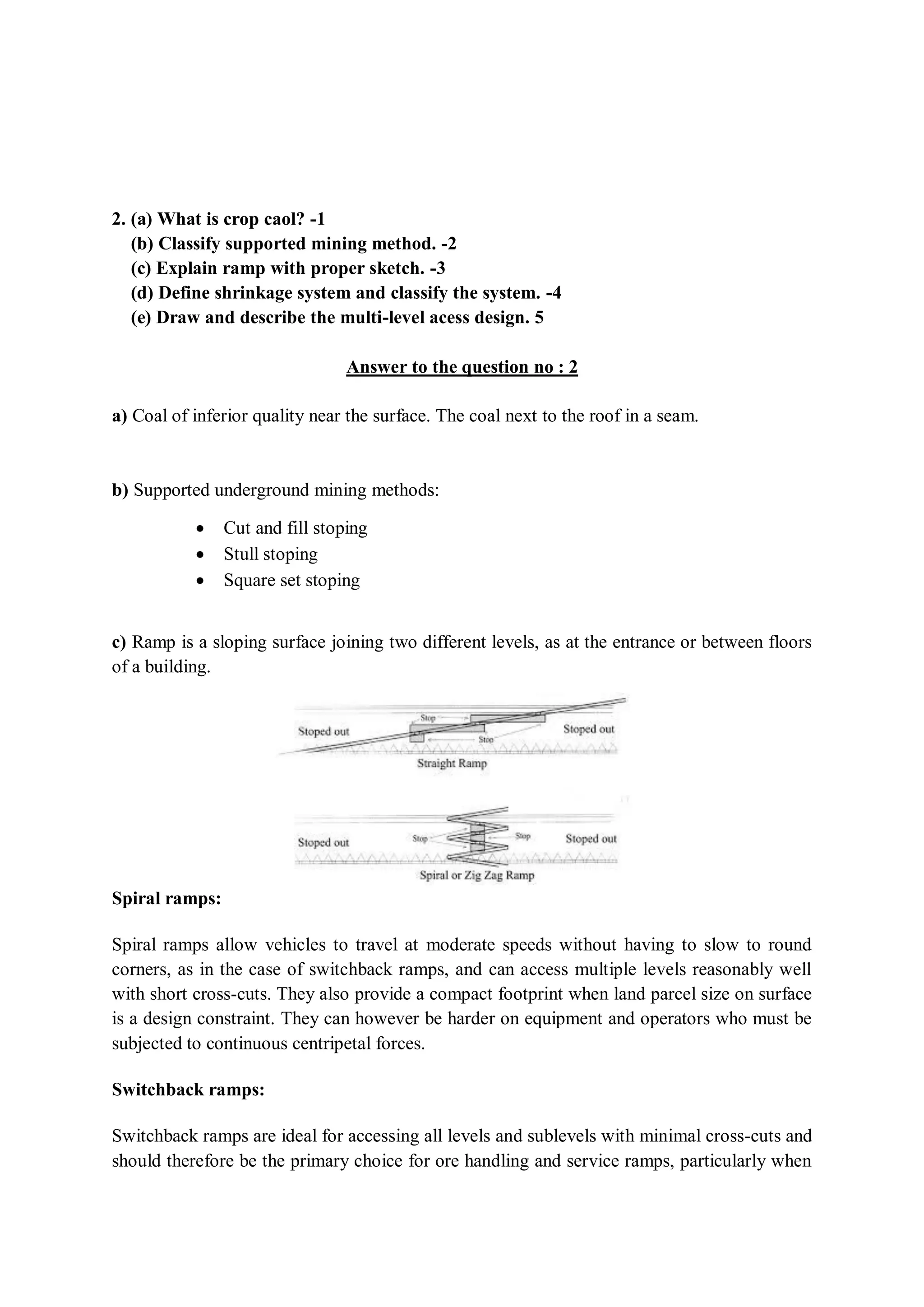 Underground Mining System Question Pattern and Answer | PDF