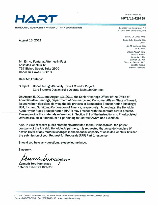 HART Letter To Ansaldo | PDF