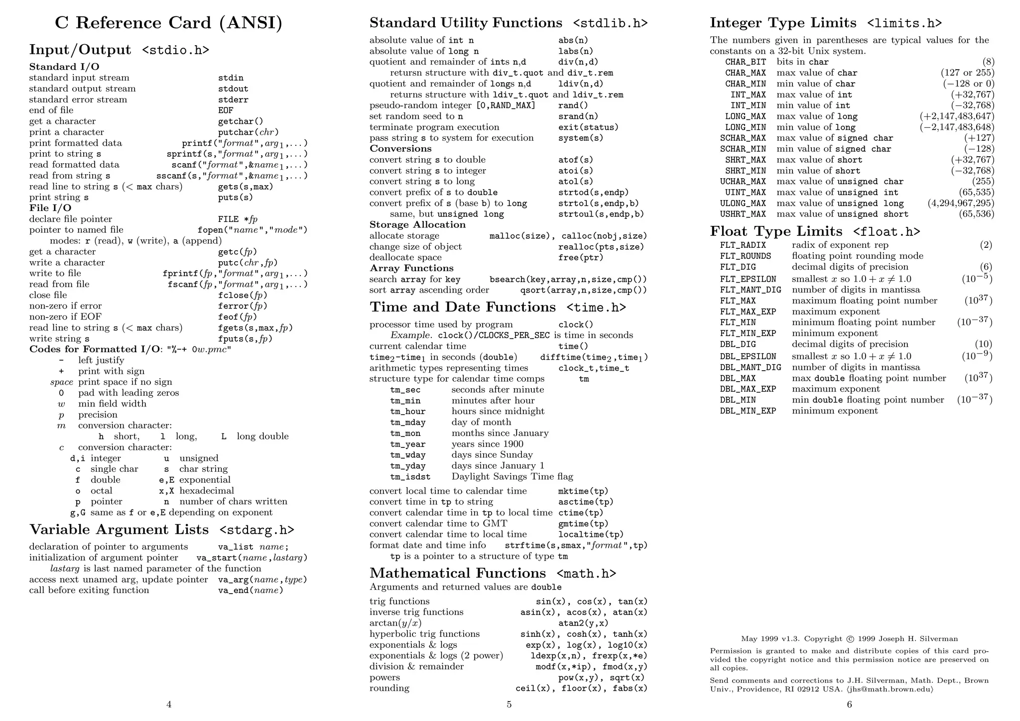 ANSI C REFERENCE CARD | PDF | Programming Languages | Computing