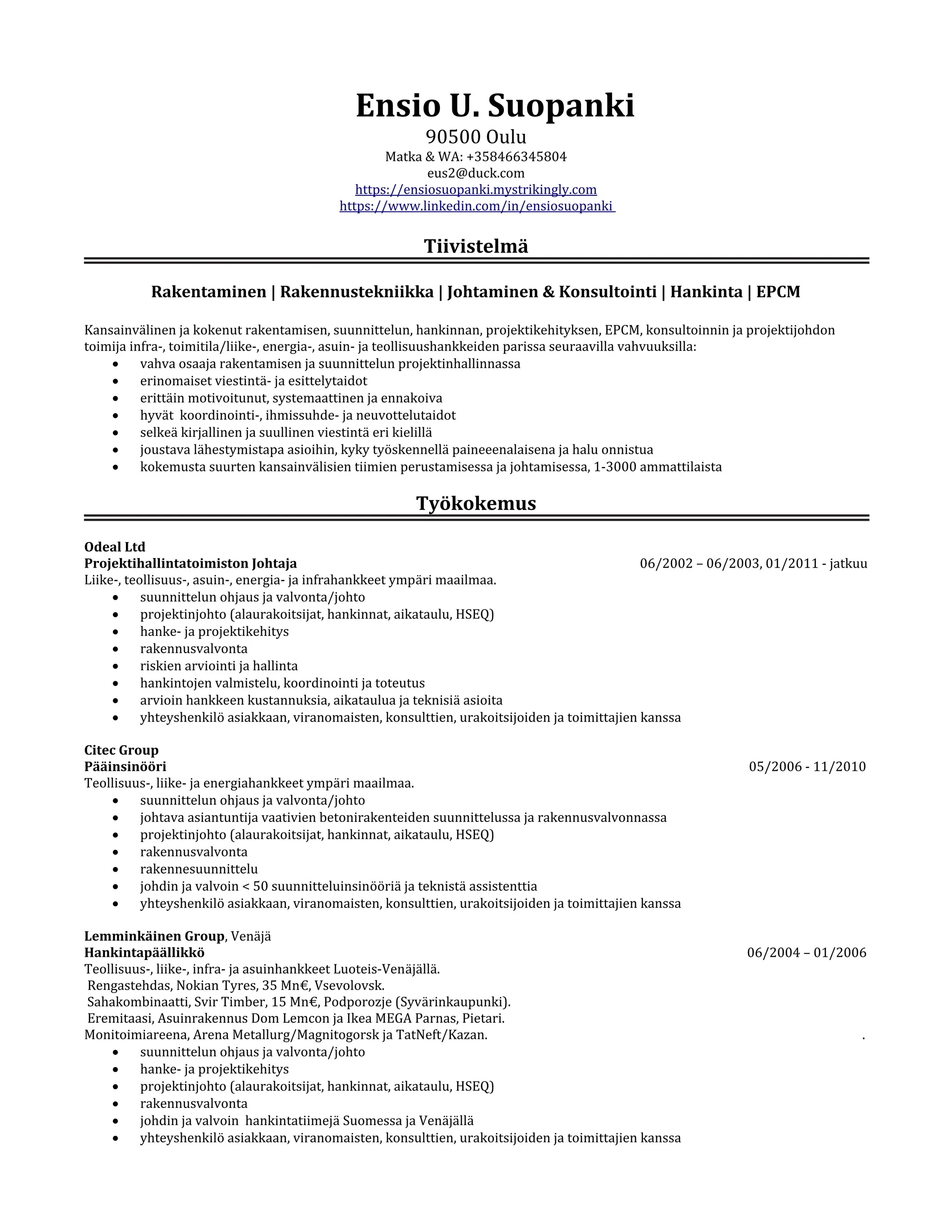 Ansioluettelo Ensio Suopanki.pdf English Russian FINNISH German | PDF