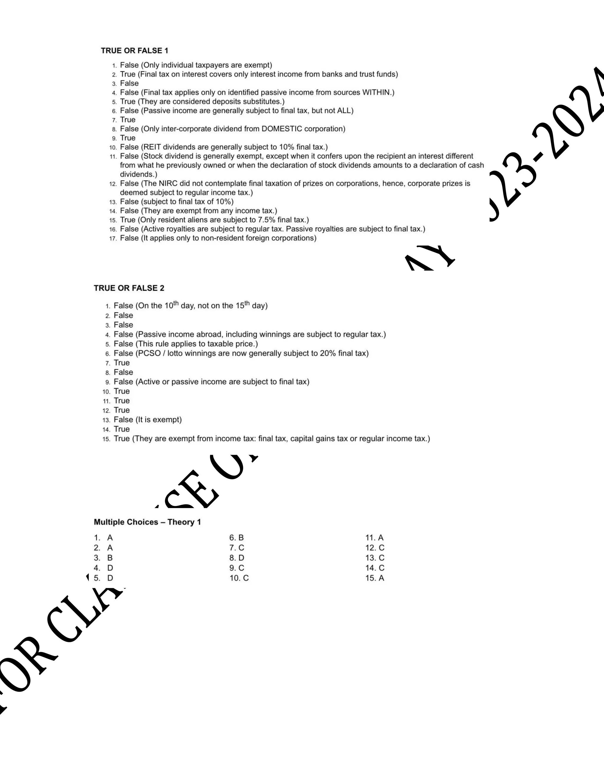 Income Taxation chapter one to chapter 9 answer key | PDF