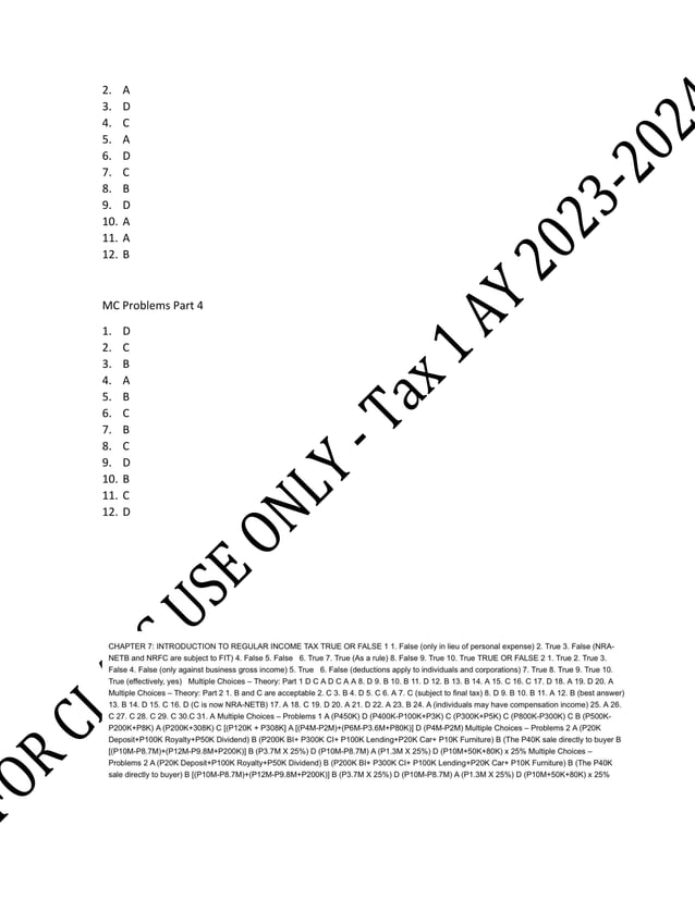 Income Taxation chapter one to chapter 9 answer key | PDF | Business ...