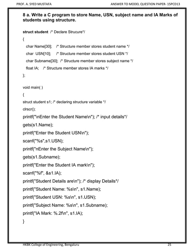 VTU PCD Model Question Paper - Programming in C