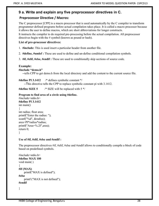 VTU PCD Model Question Paper - Programming in C