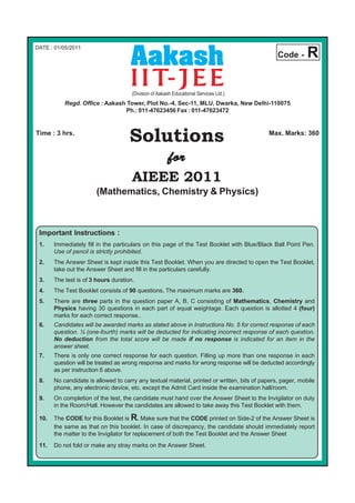 Answer solution with analysis aieee 2011 aakash | PDF