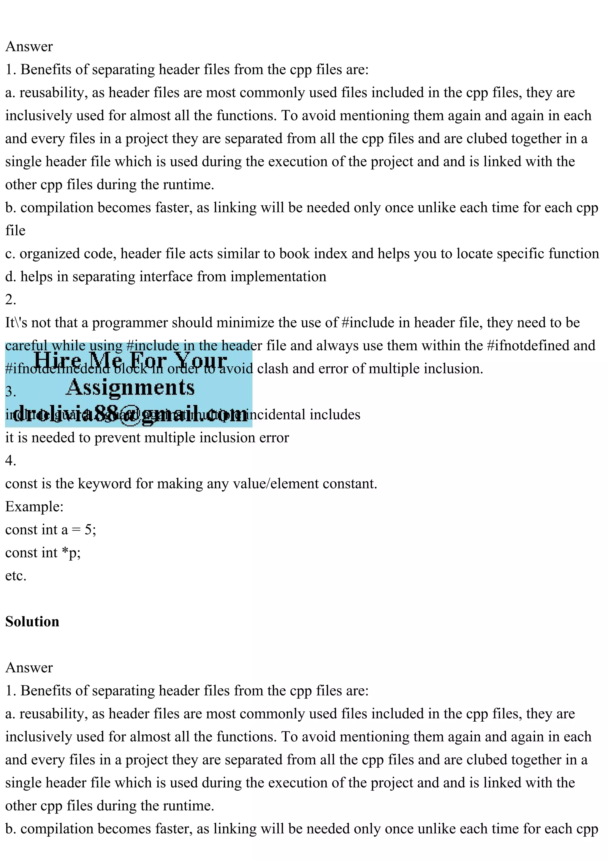 Answer1. Benefits of separating header files from the cpp files ar.pdf