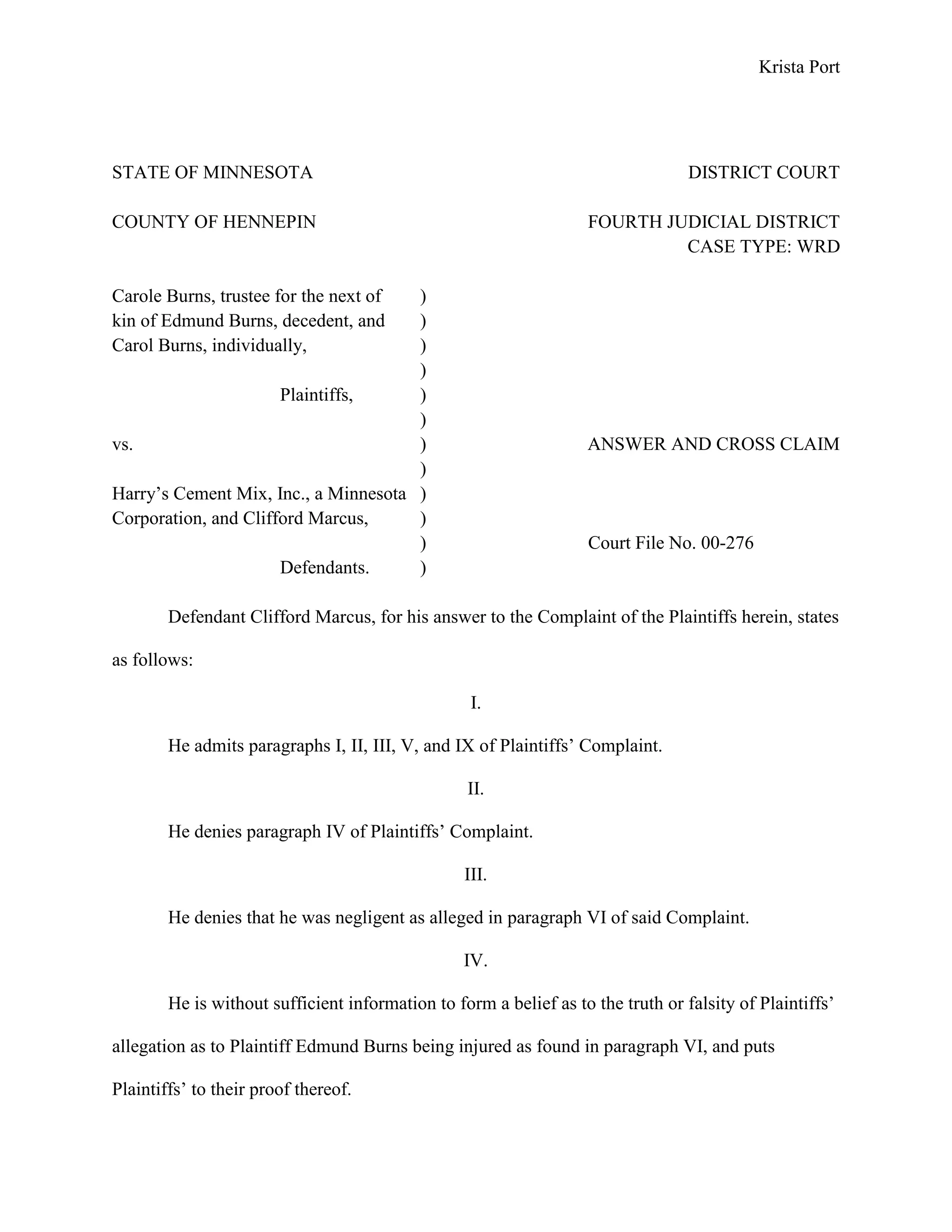 Answer cross claim | DOCX