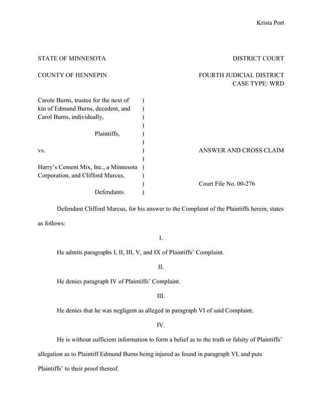 Answer cross claim | DOCX | Law