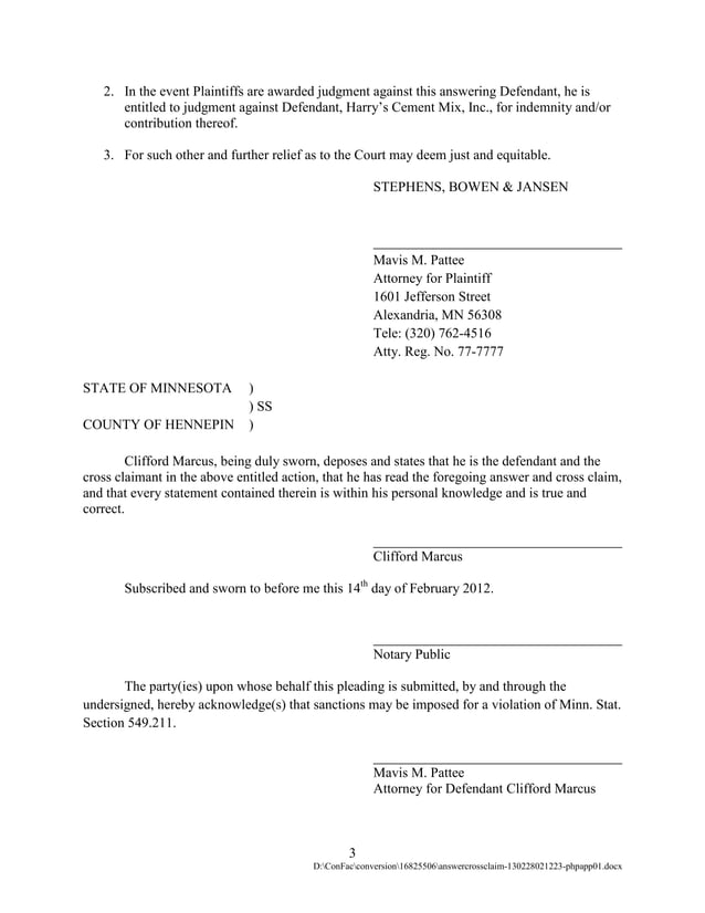 Answer cross claim | DOCX | Law