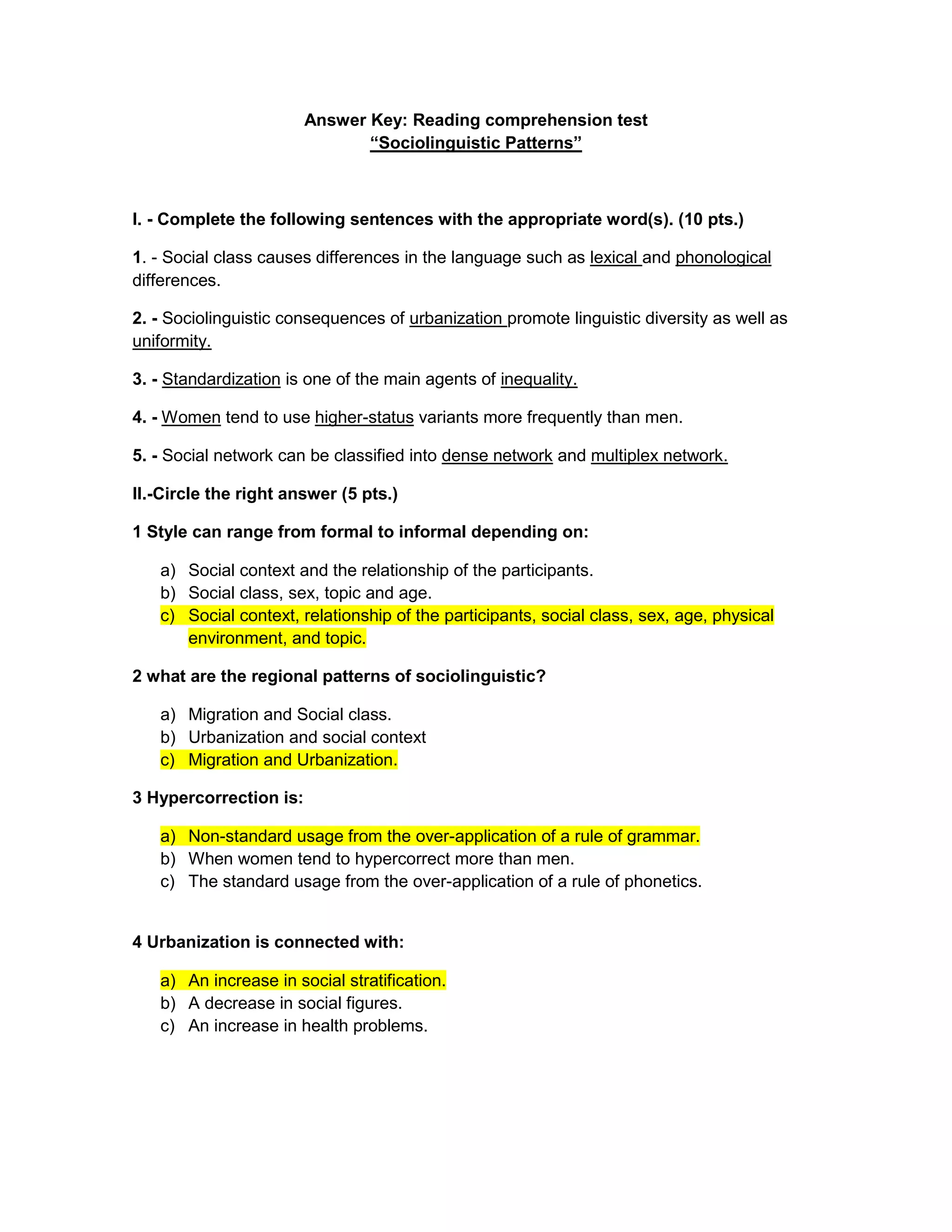 Answer key sociolinguistic patterns | PDF