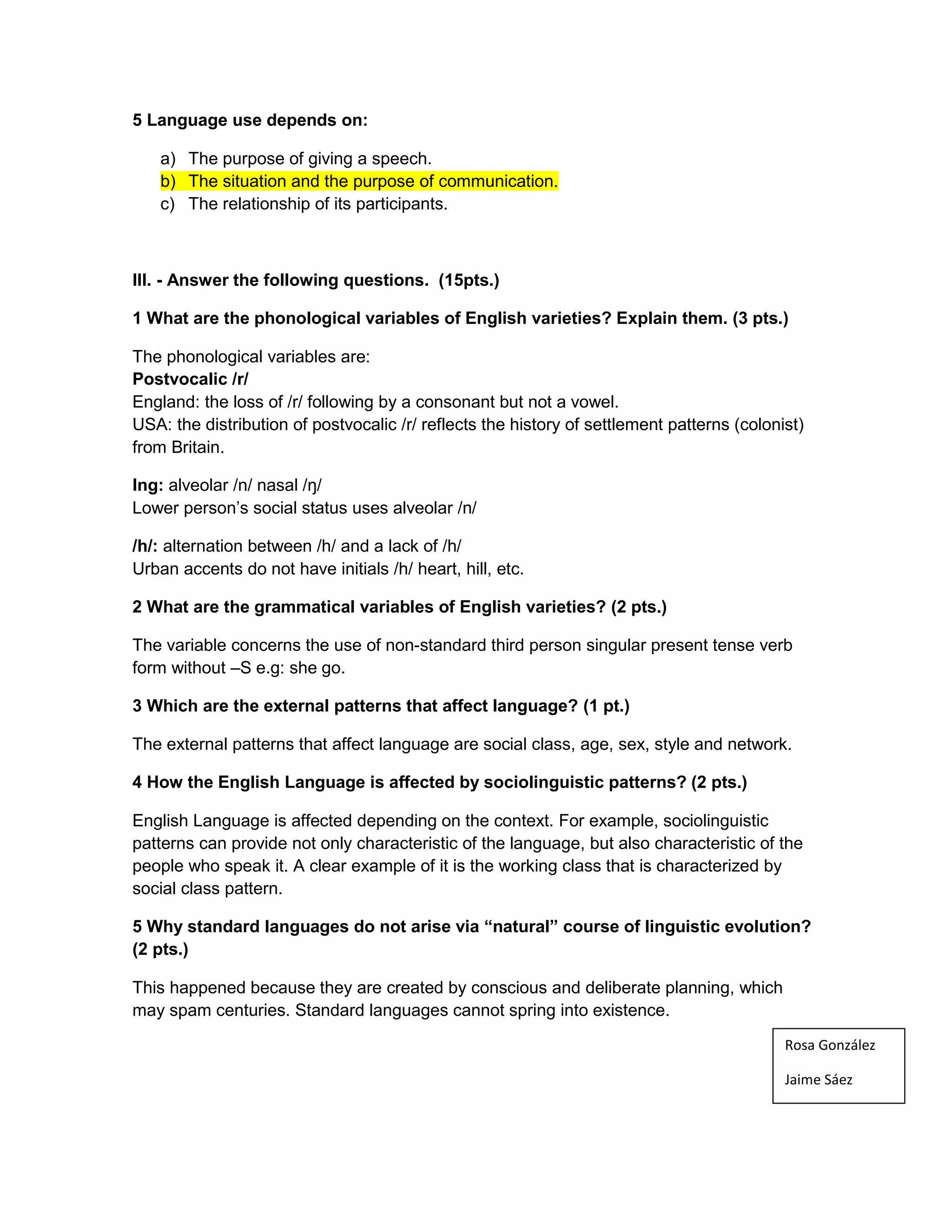Answer key sociolinguistic patterns | PDF