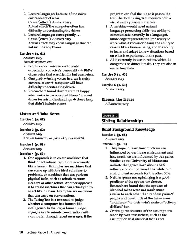Lecture Ready 3 Strategies for Academic Listening, Note-taking, and Discussion (ANSWERS) | PDF