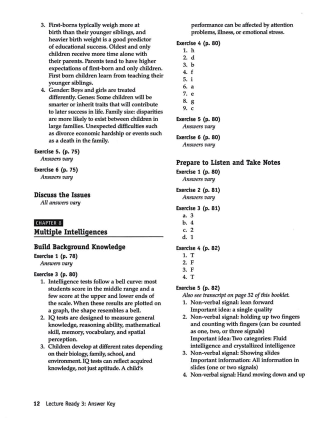Lecture Ready 3 Strategies for Academic Listening, Note-taking, and Discussion (ANSWERS) | PDF