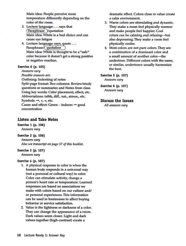 Lecture Ready 3 Strategies for Academic Listening, Note-taking, and Discussion (ANSWERS) | PDF
