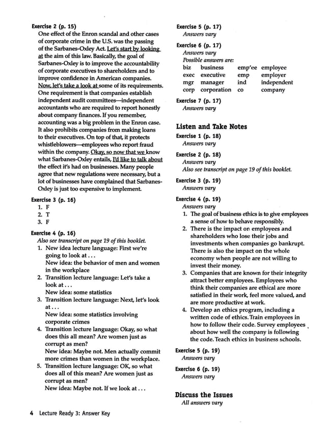 Lecture Ready 3 Strategies for Academic Listening, Note-taking, and Discussion (ANSWERS) | PDF