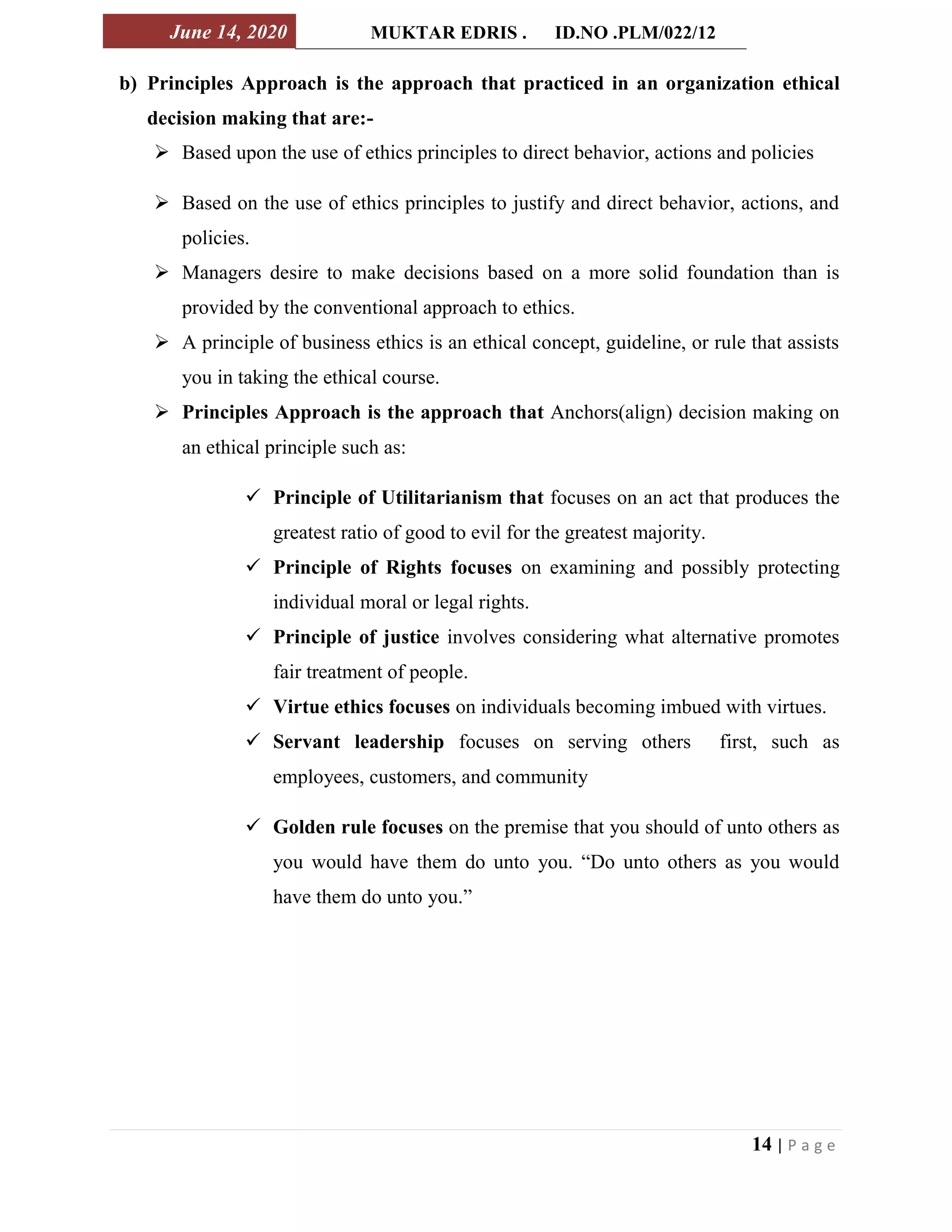 Answer of leadership ethics individual assignment | PDF