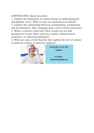 ANSWER ONE based on article1. Explain the definitions of culture .docx
