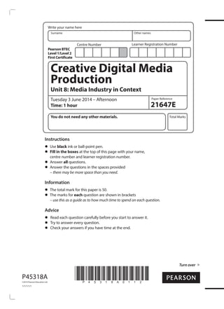 Exam answers and mark scheme media , unit 1 june 3rd 2014 | PDF