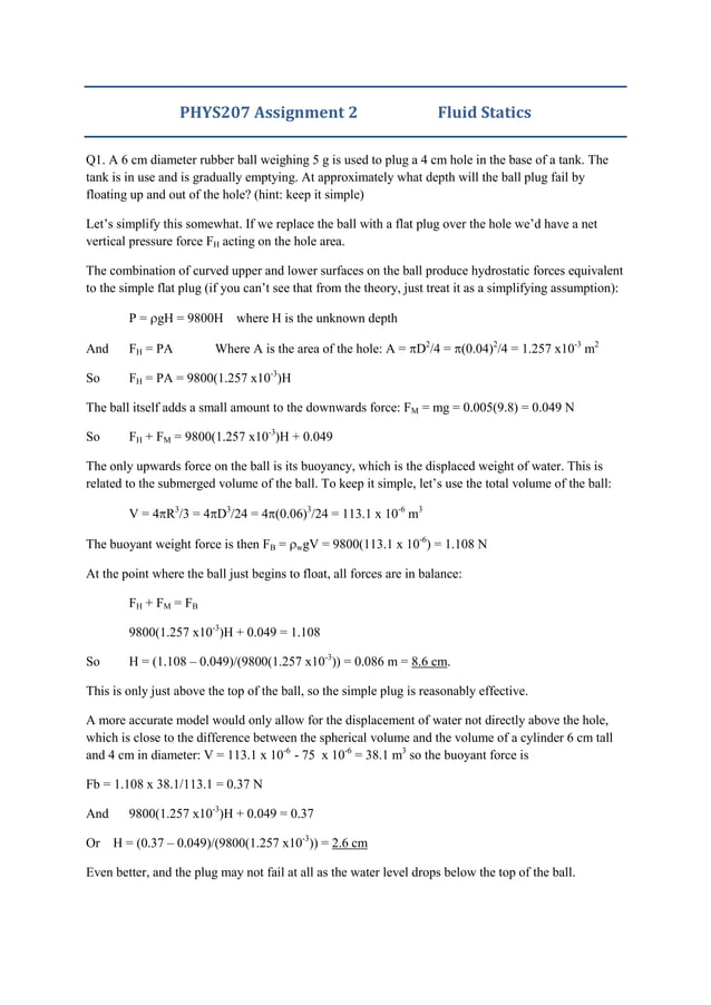 Answers assignment 2 fluid statics-fluid mechanics | PDF