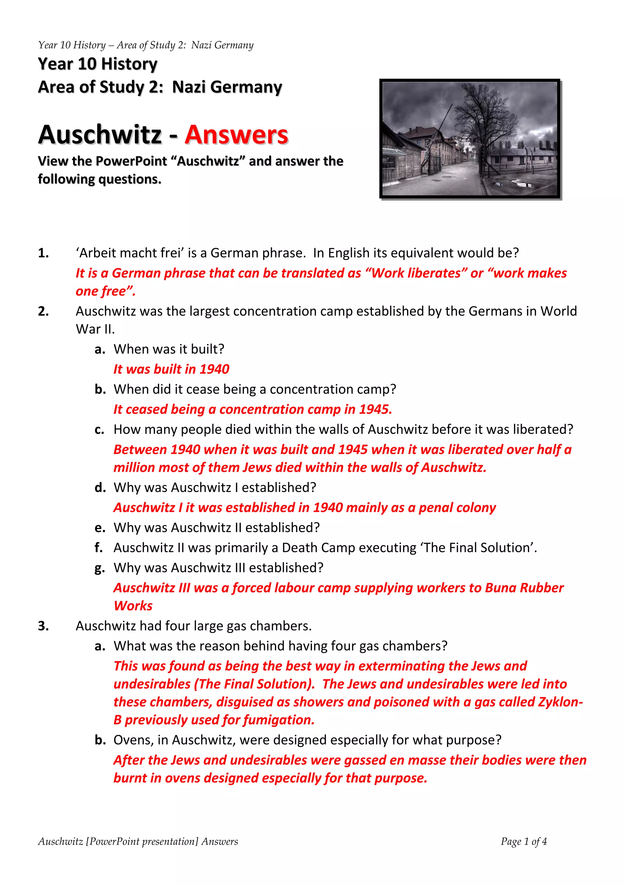 Answers PowerPoint: Auschwitz worksheet | PDF