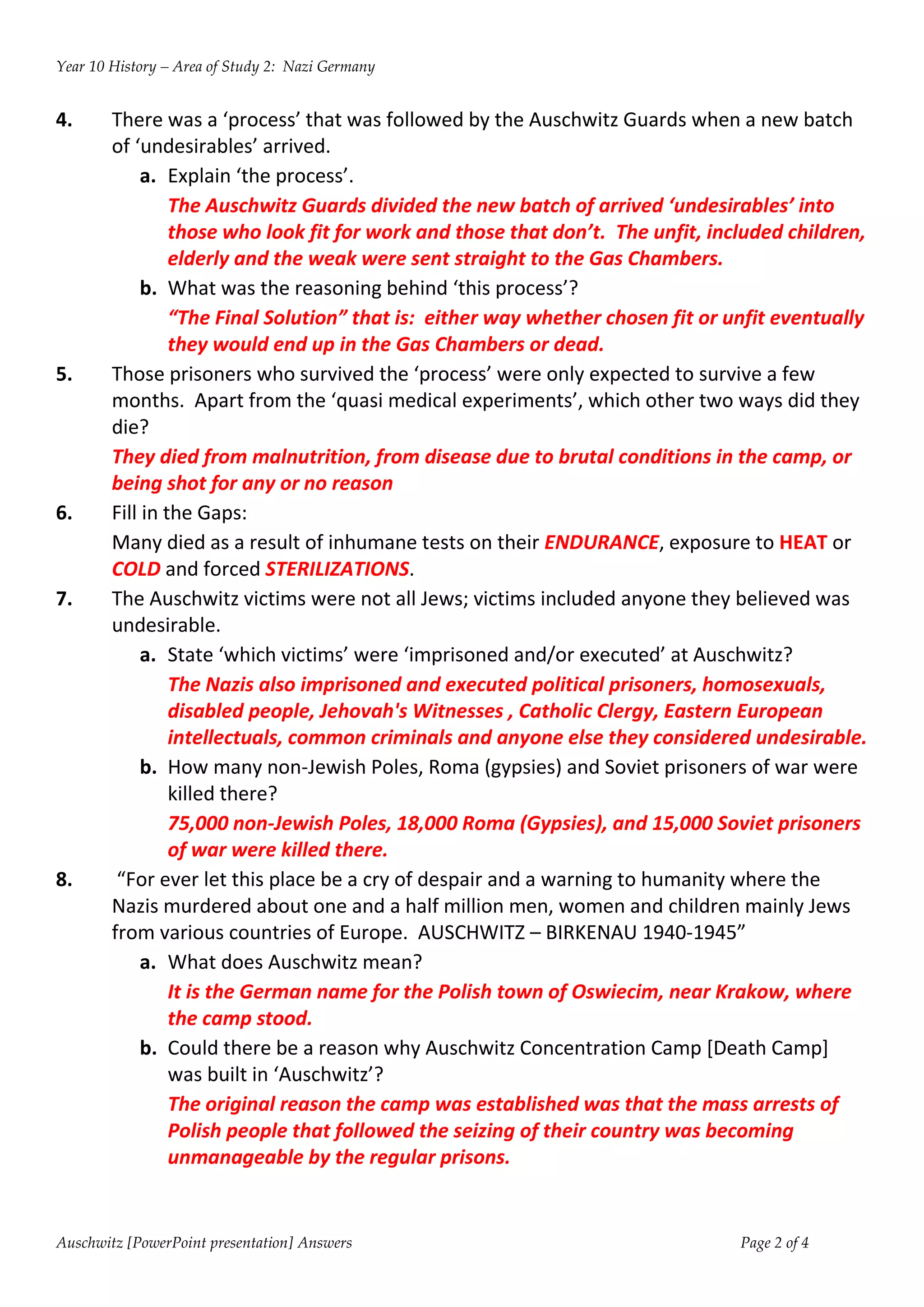 Answers PowerPoint: Auschwitz worksheet | PDF