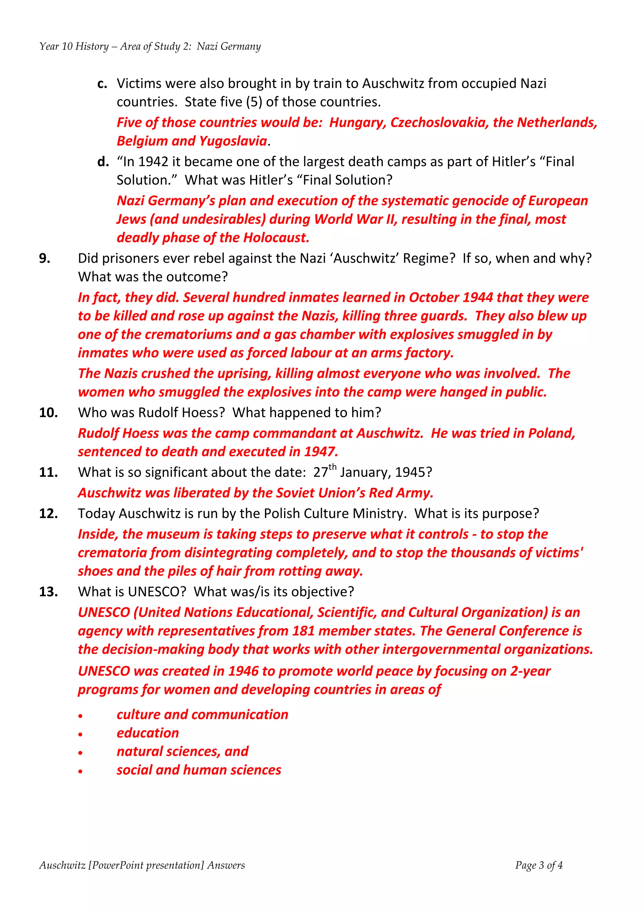 Answers PowerPoint: Auschwitz worksheet | PDF