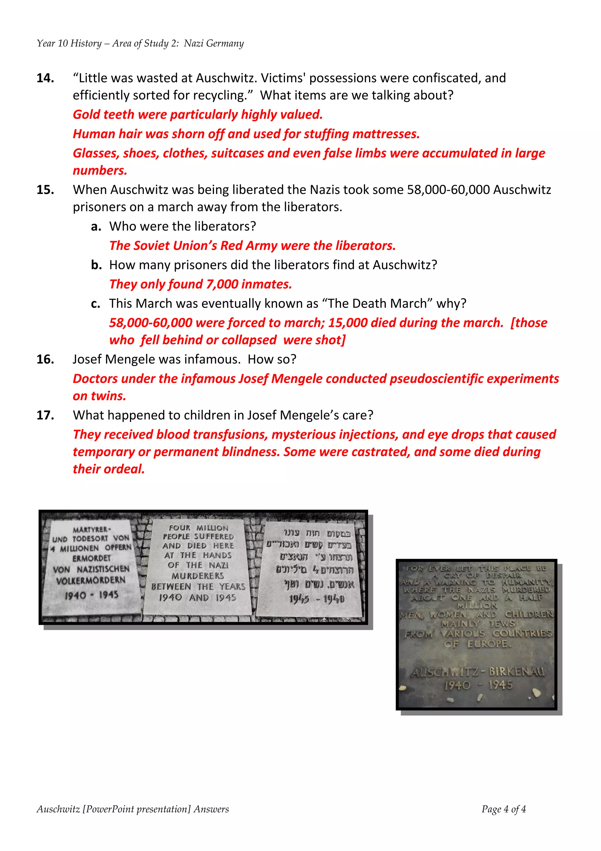Answers PowerPoint: Auschwitz worksheet | PDF