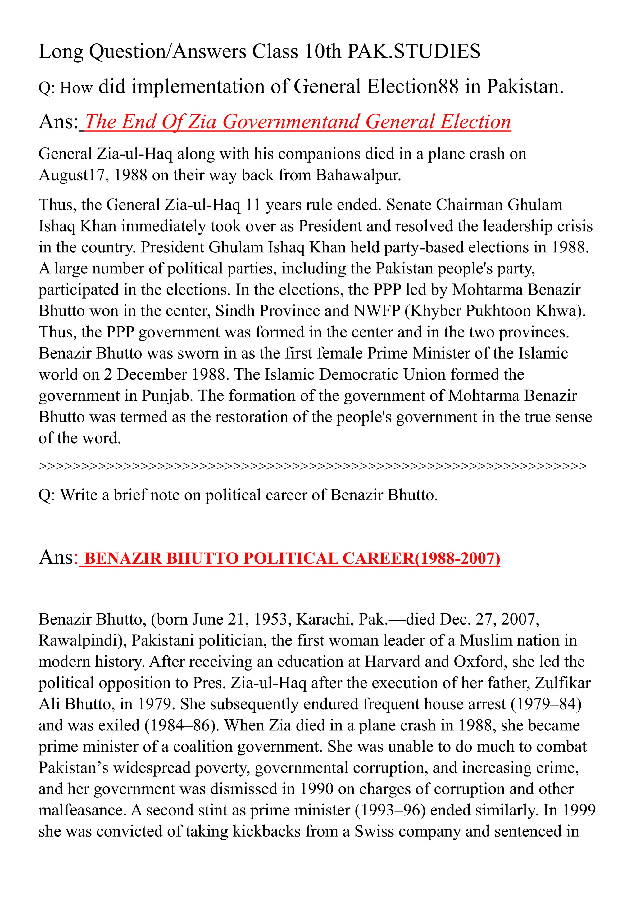 Long Question/Answers Class 10th PAK.STUDIES. | PDF | Free Download