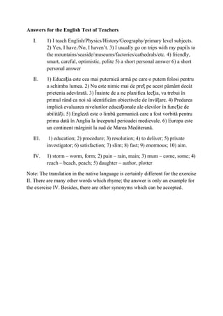 Answers for the English Test of Teachers | PDF
