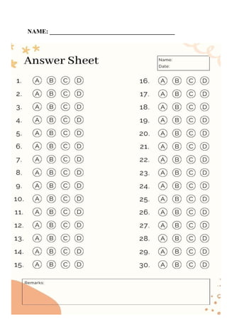 Answer Sheet for Elementary Level for Grade 1 | DOCX