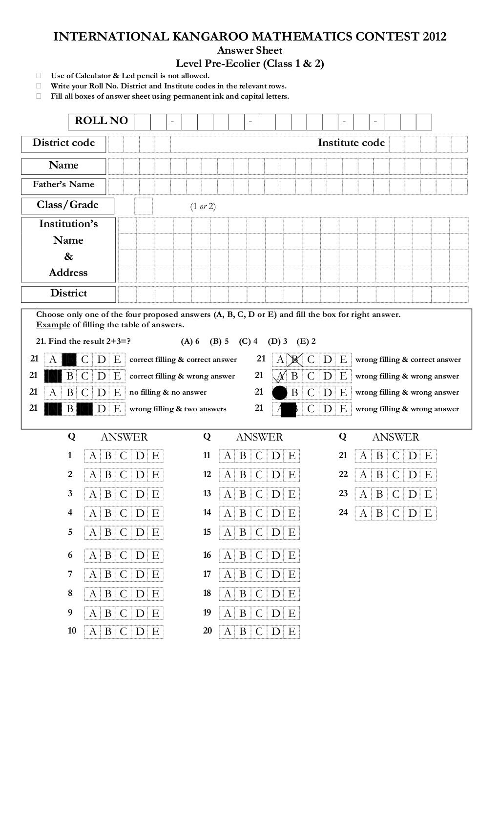 Answer Sheet2012 Answer Sheet2012