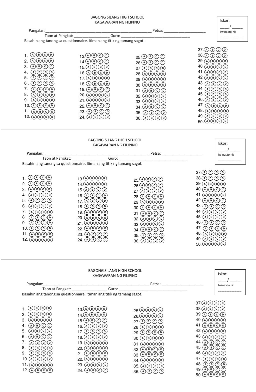 Answer Sheet for Filipino