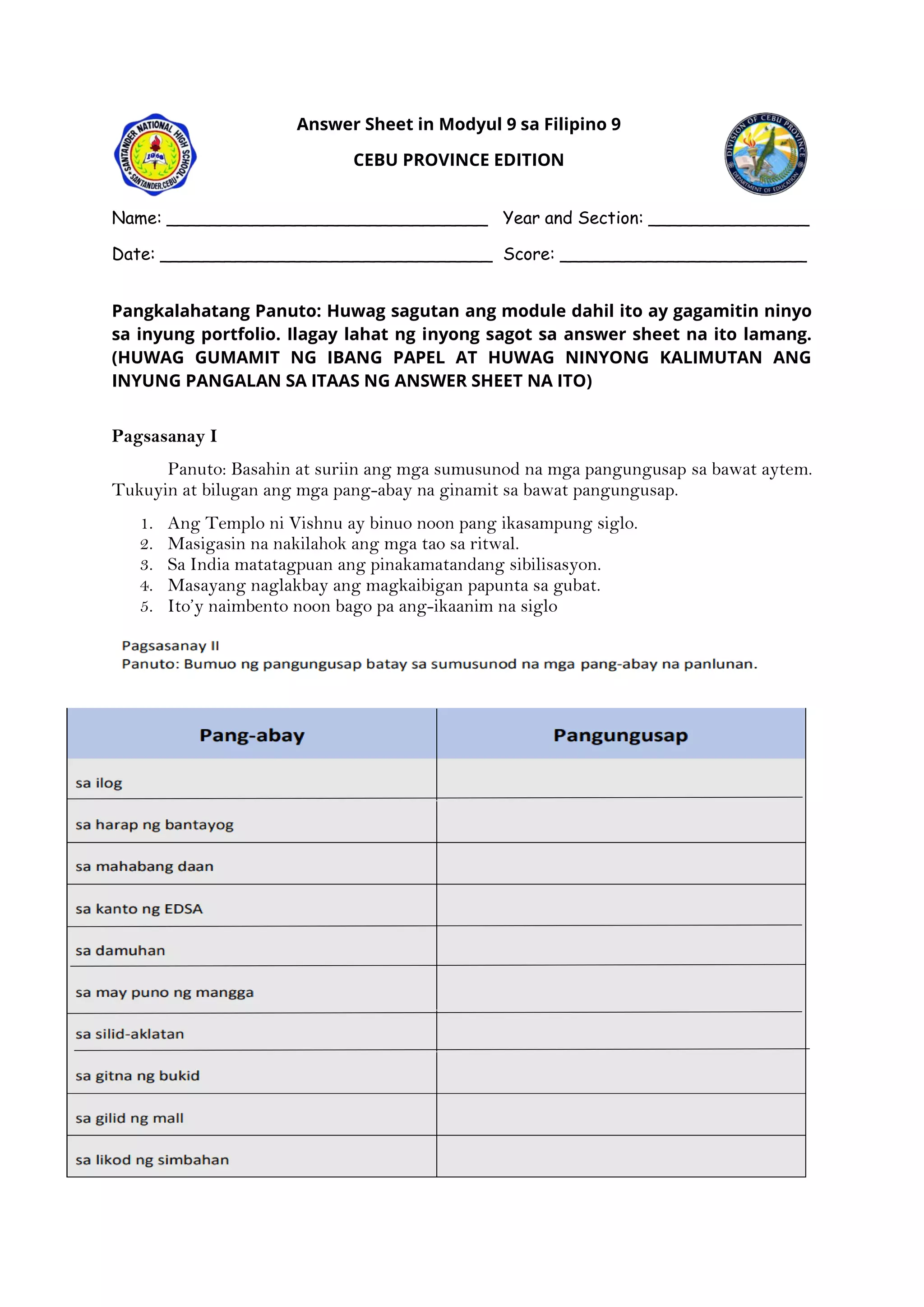 Answer Sheet in Modyul 9 sa Filipino 9.pdf
