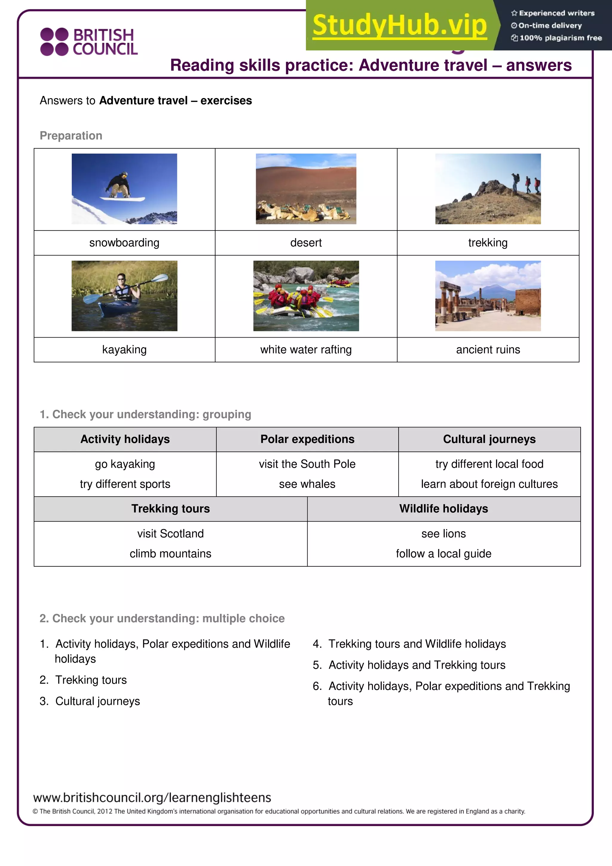 Answers To Adventure Travel -Exercises | PDF