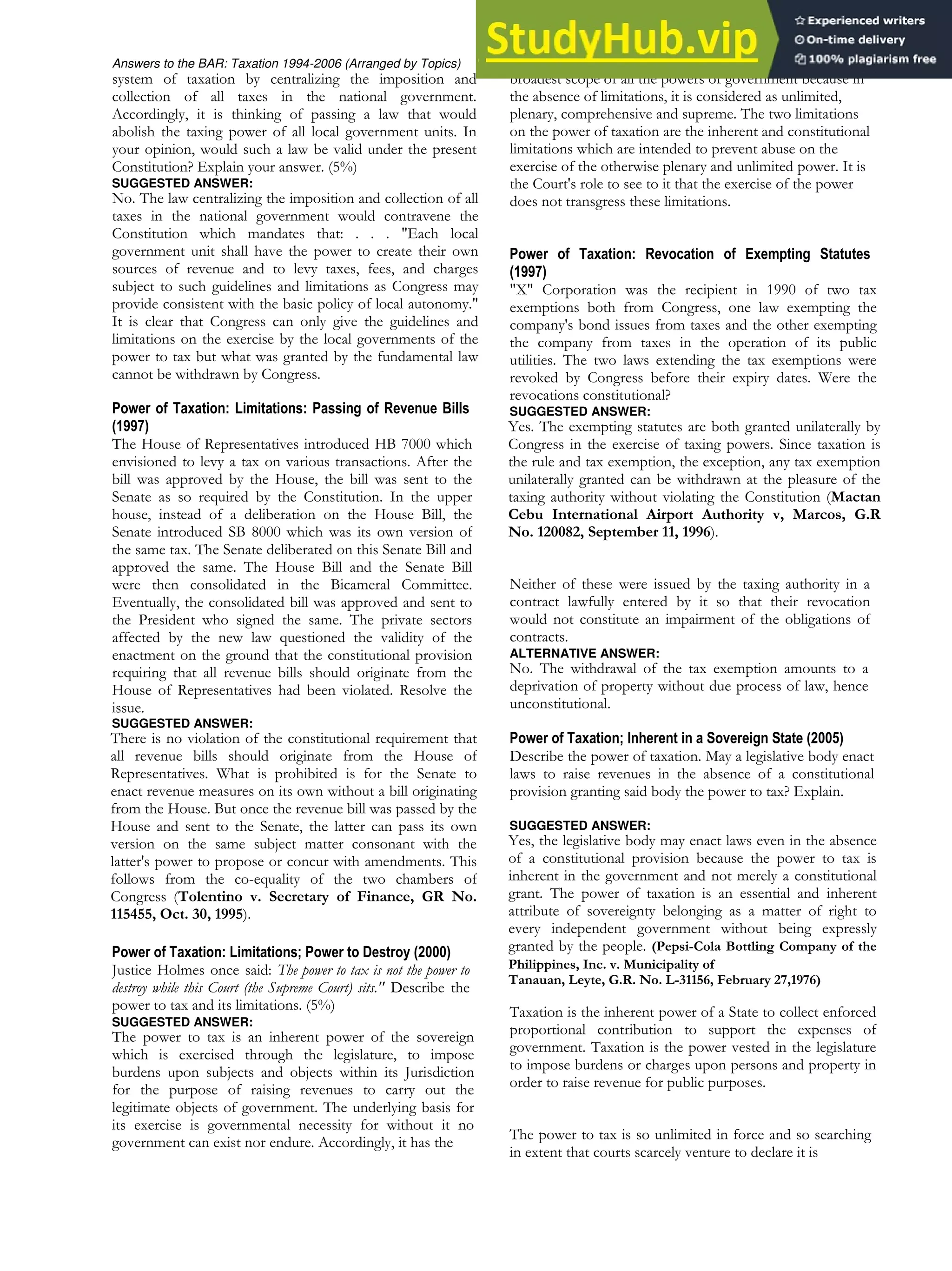 ANSWERS TO BAR EXAMINATION QUESTIONS IN TAXATION LAW ARRANGED BY TOPIC ...