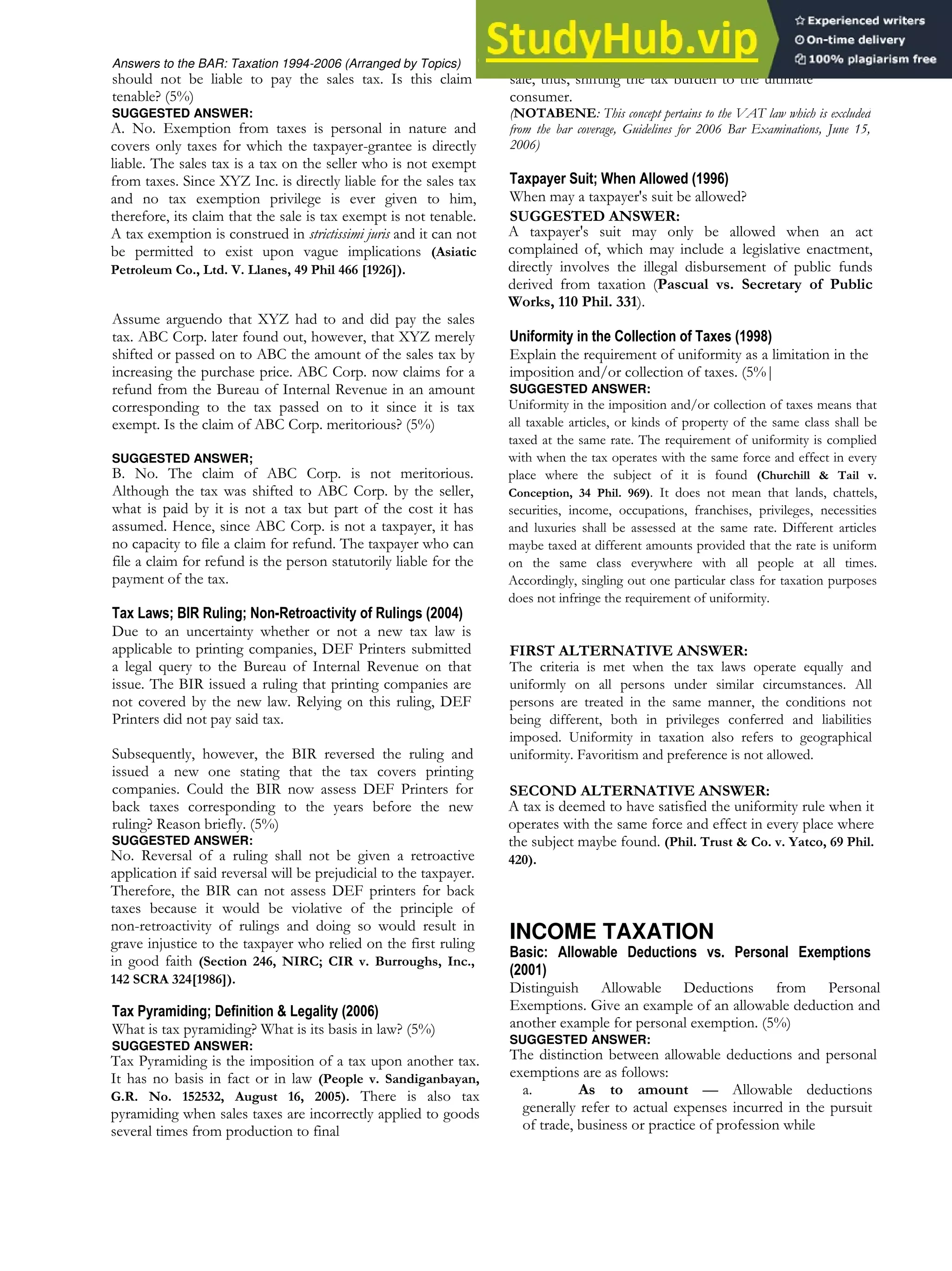 ANSWERS TO BAR EXAMINATION QUESTIONS IN TAXATION LAW ARRANGED BY TOPIC ...