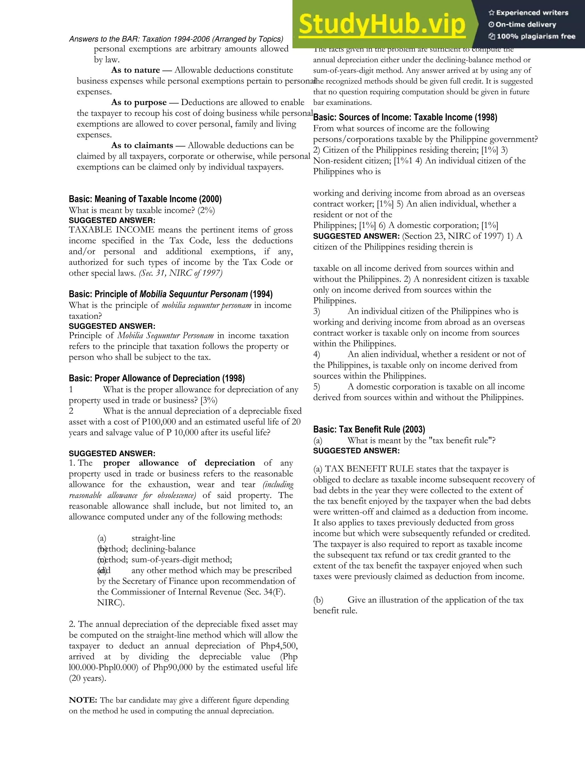 ANSWERS TO BAR EXAMINATION QUESTIONS IN TAXATION LAW ARRANGED BY TOPIC | PDF