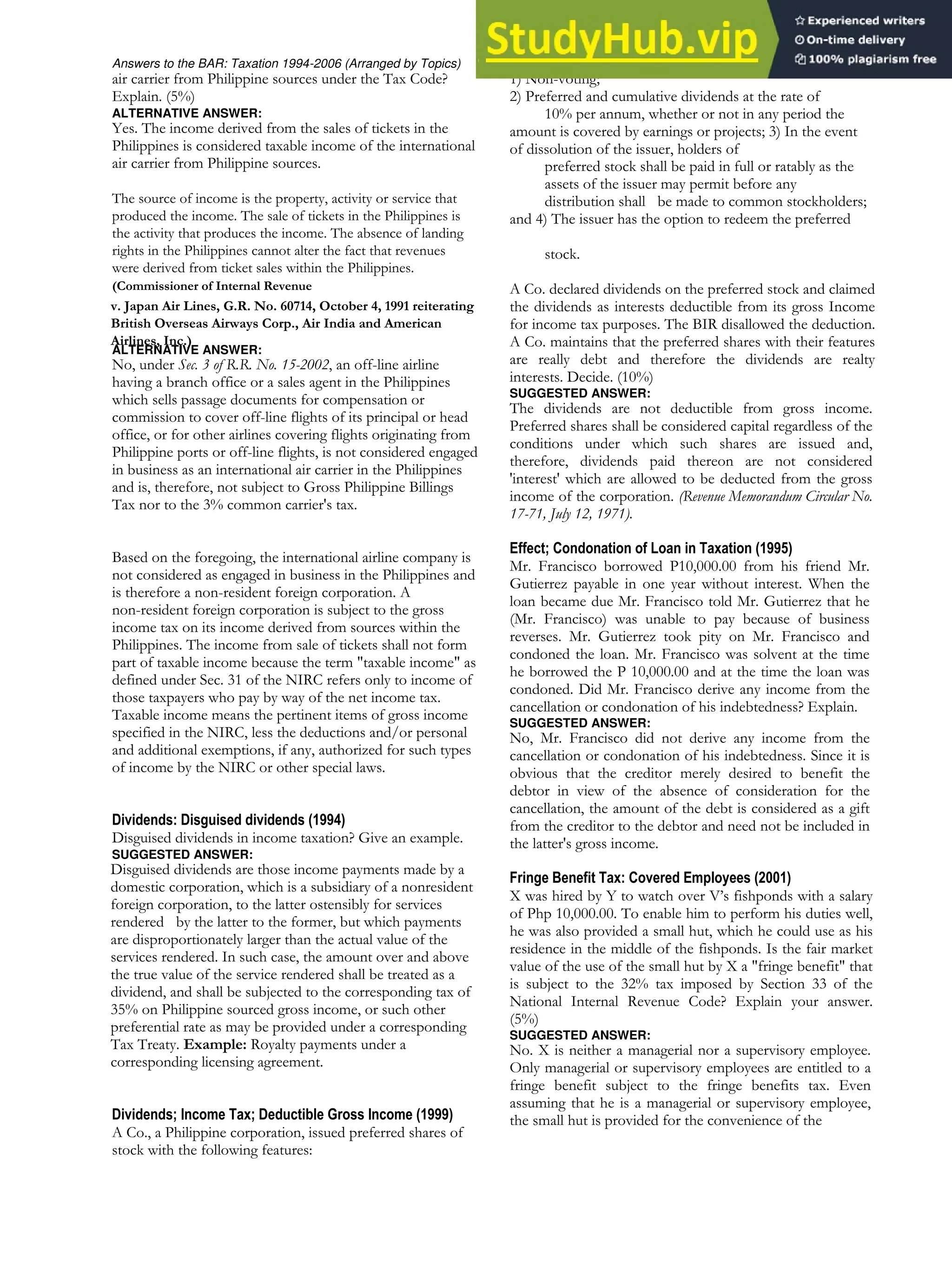 ANSWERS TO BAR EXAMINATION QUESTIONS IN TAXATION LAW ARRANGED BY TOPIC ...