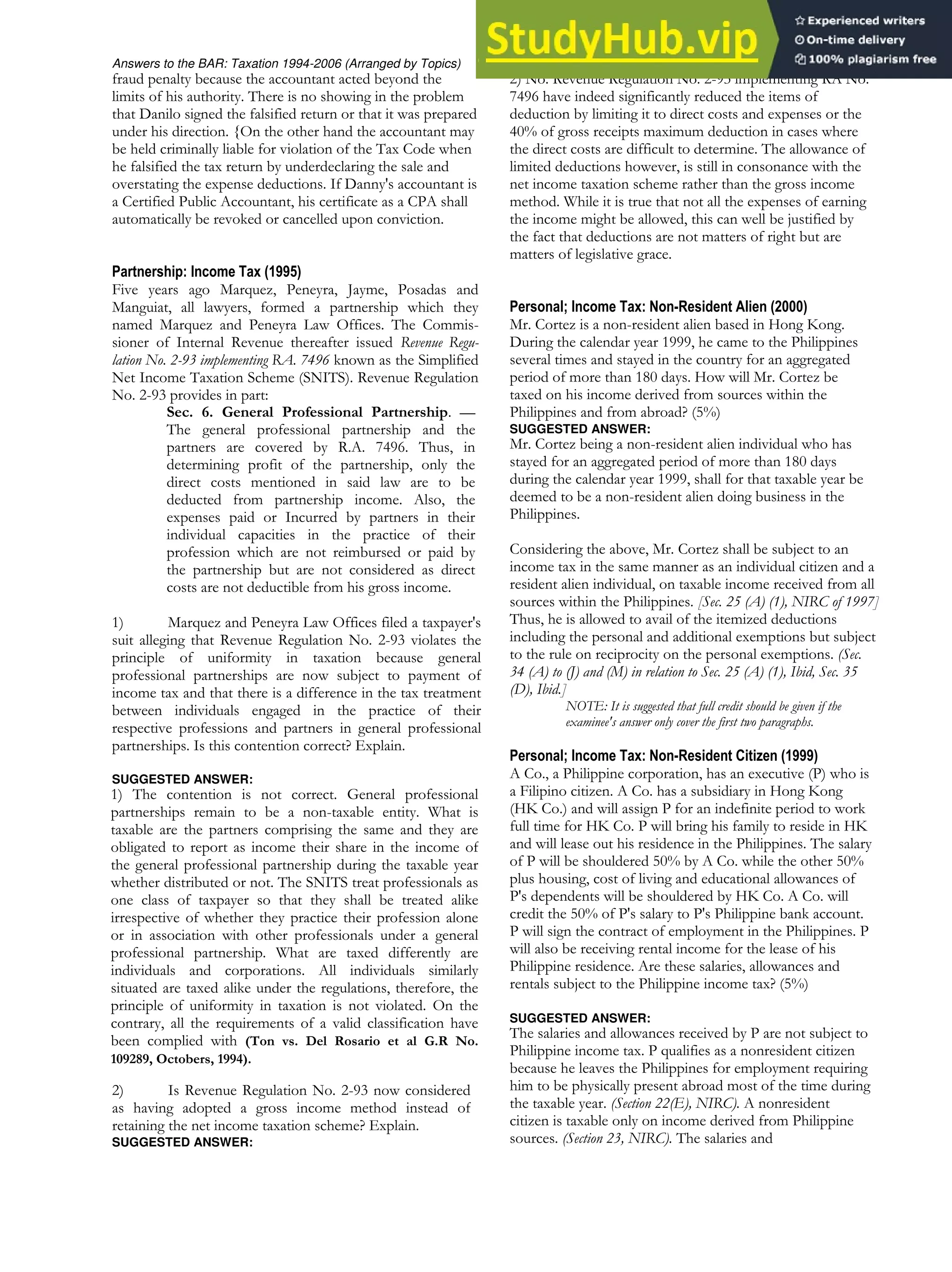 ANSWERS TO BAR EXAMINATION QUESTIONS IN TAXATION LAW ARRANGED BY TOPIC ...
