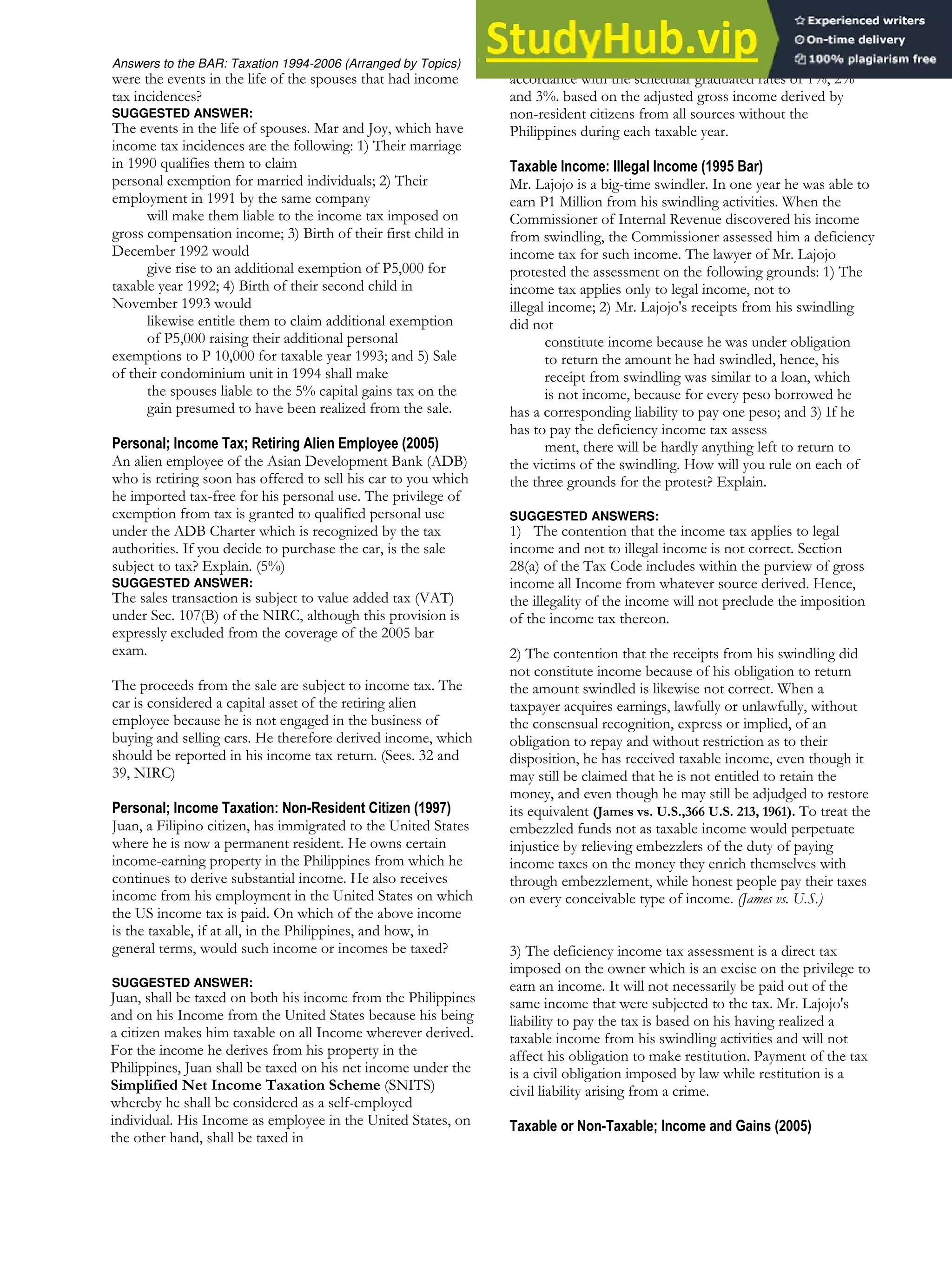 ANSWERS TO BAR EXAMINATION QUESTIONS IN TAXATION LAW ARRANGED BY TOPIC ...
