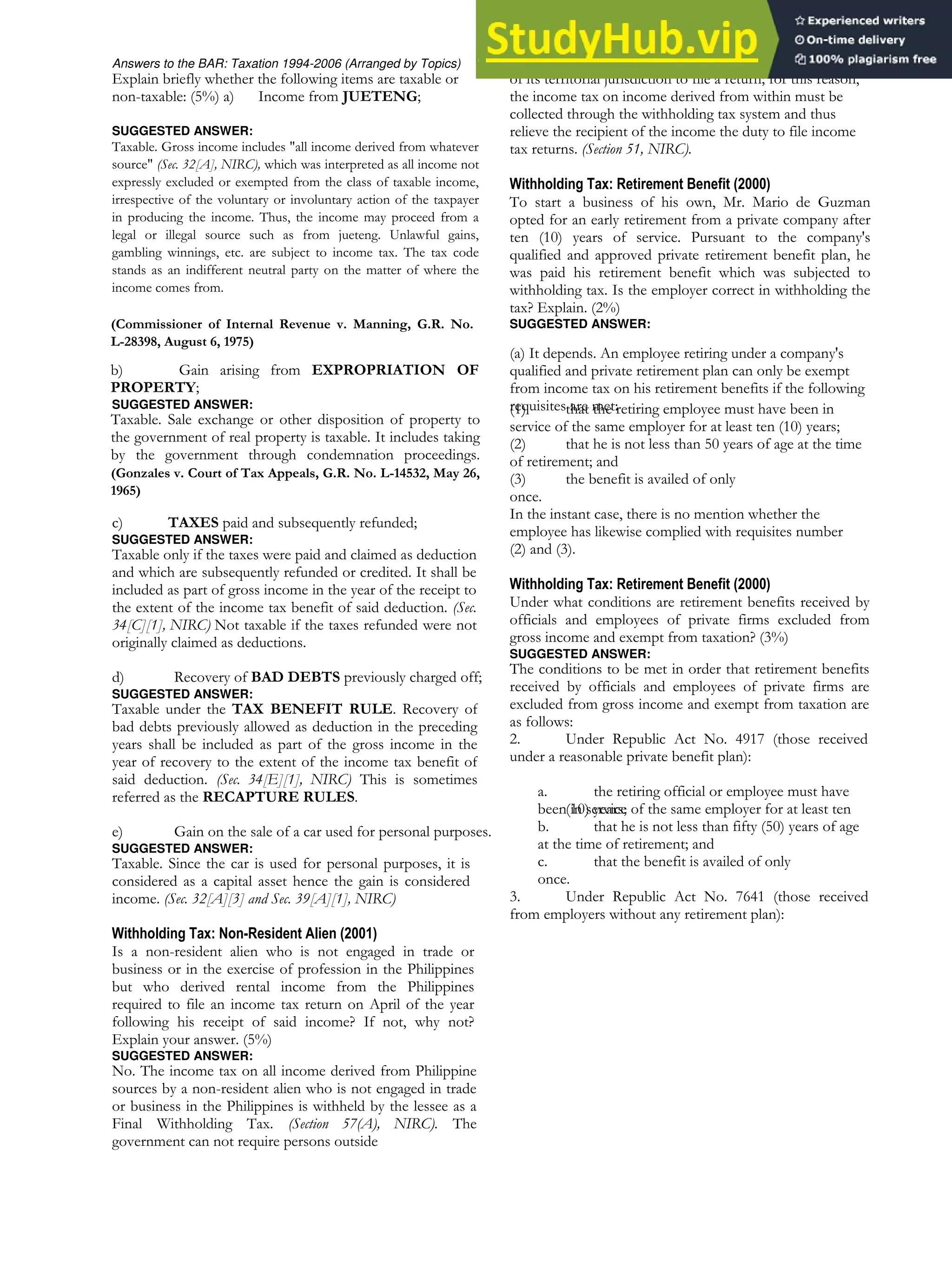 ANSWERS TO BAR EXAMINATION QUESTIONS IN TAXATION LAW ARRANGED BY TOPIC ...