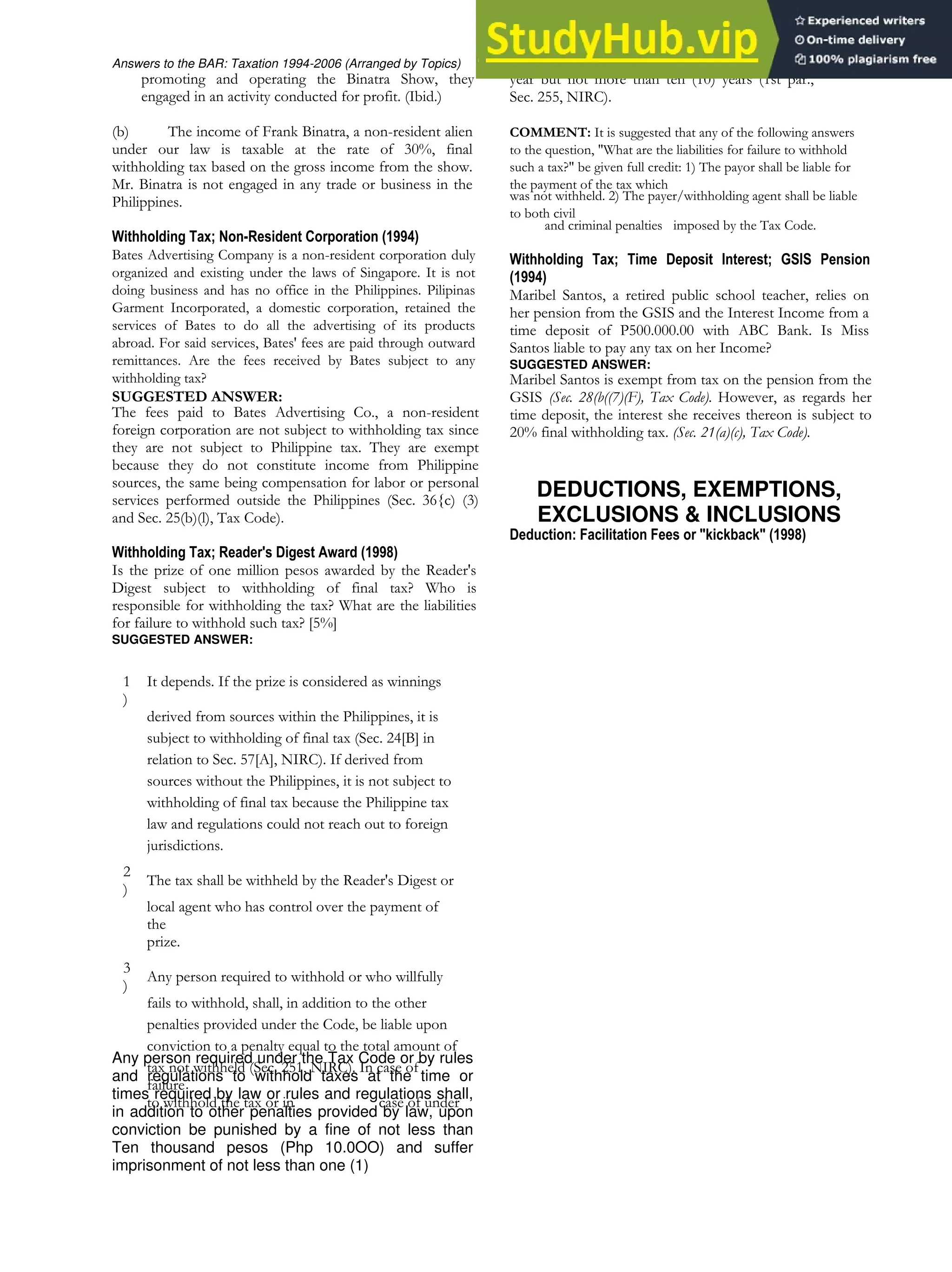 ANSWERS TO BAR EXAMINATION QUESTIONS IN TAXATION LAW ARRANGED BY TOPIC ...