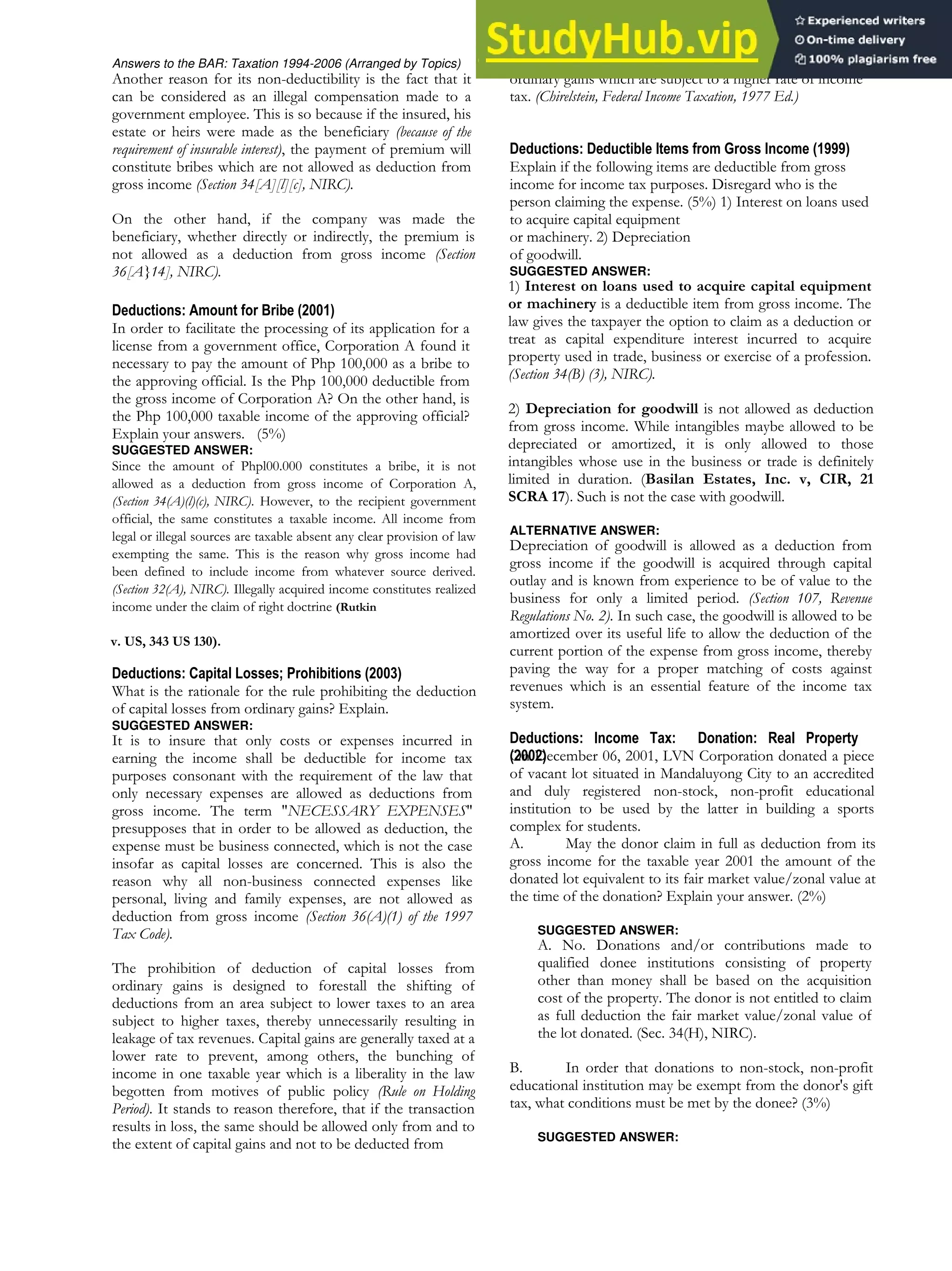 ANSWERS TO BAR EXAMINATION QUESTIONS IN TAXATION LAW ARRANGED BY TOPIC | PDF