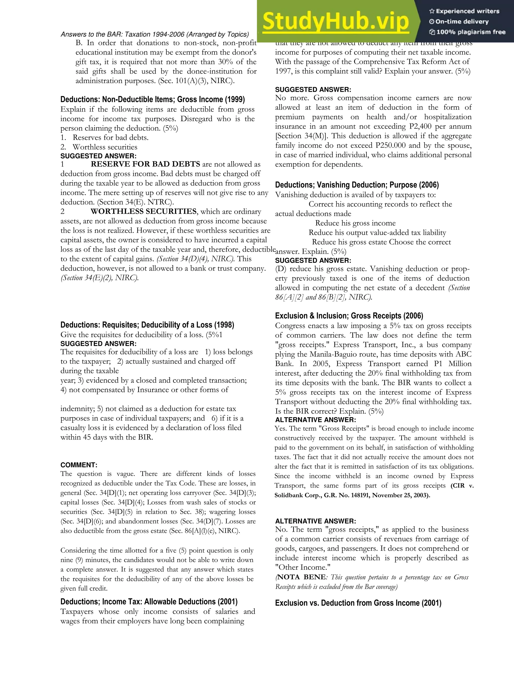 ANSWERS TO BAR EXAMINATION QUESTIONS IN TAXATION LAW ARRANGED BY TOPIC ...